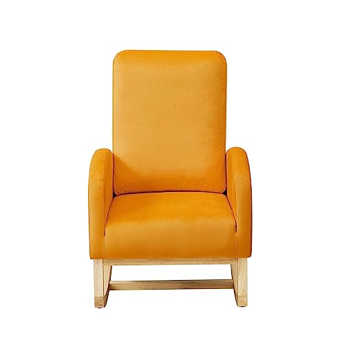 BeiXuan Modern Wood Indoor/Outdoor Rocking Chairs, Single Sofa Accent Nursery Rocking Chair with High Back Side Bag,Upholstered Glider Rocker for Living Room/Bedroom/GardenPatio,Orange Flannel Cloth