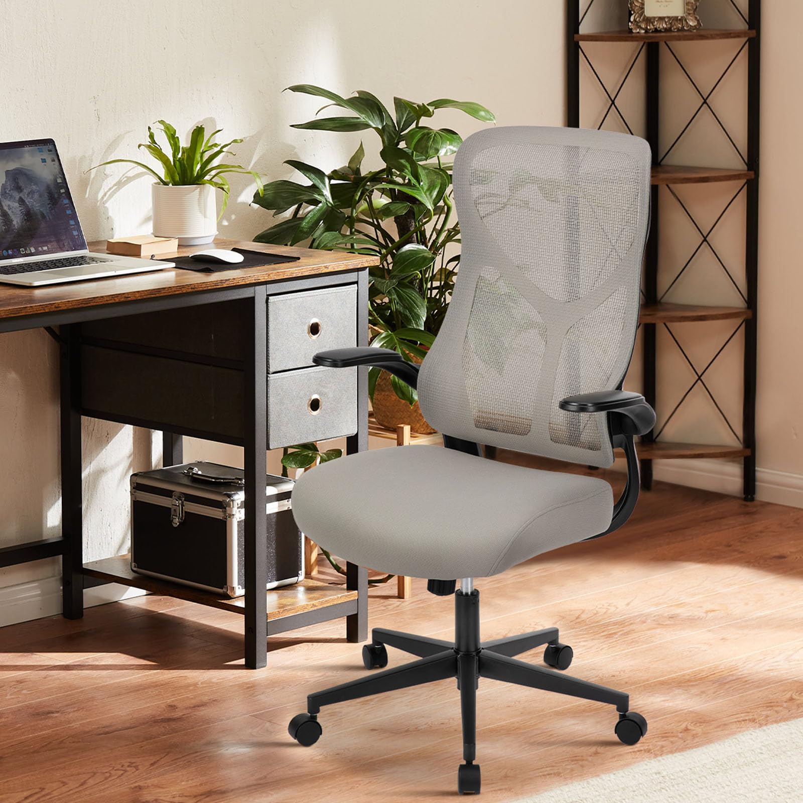 High Back Office Chair Flip up Arms, Desk Chair with Lumbar Support and Wheels Ergonomic Mesh Chair Adjustable Height Work Chair for Home Office, Grey