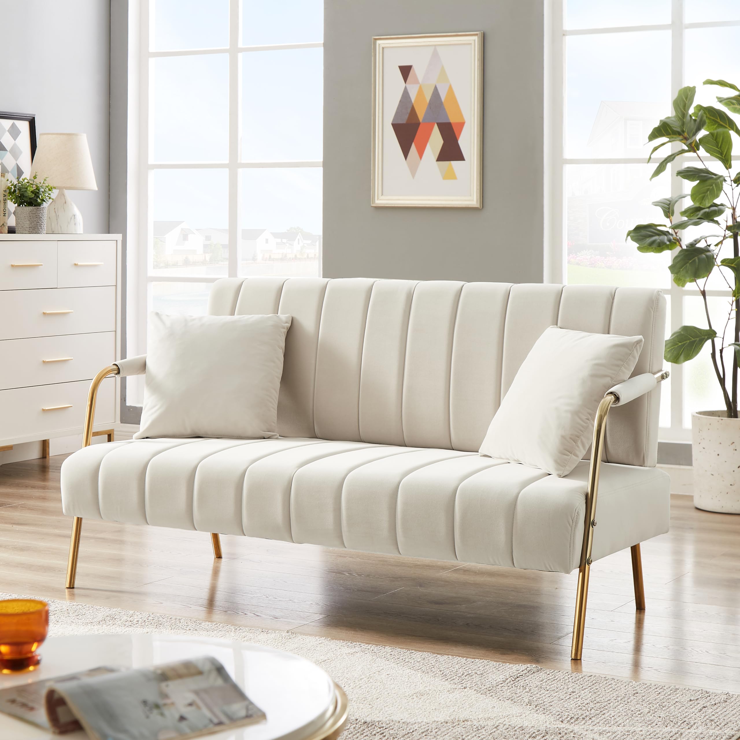 Majnesvon 61" Modern Loveseat Sofa Couch,Cashmere Fabric Small Love Seat w/2 Pillows and Metal Legs,2-Seater Upholstered Mini Sofa Couches for Small Space,Living Room Bedroom Apartments (White)