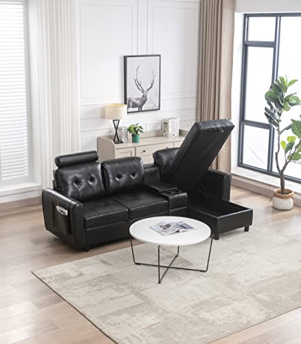 FANYE L-Shaped Corner Sectional Reversible Storage Chaise, Modern Convertible Sofa & Couch W/Headrest and Cupholders for Home Apartment Office Living Room, Black PU Leather