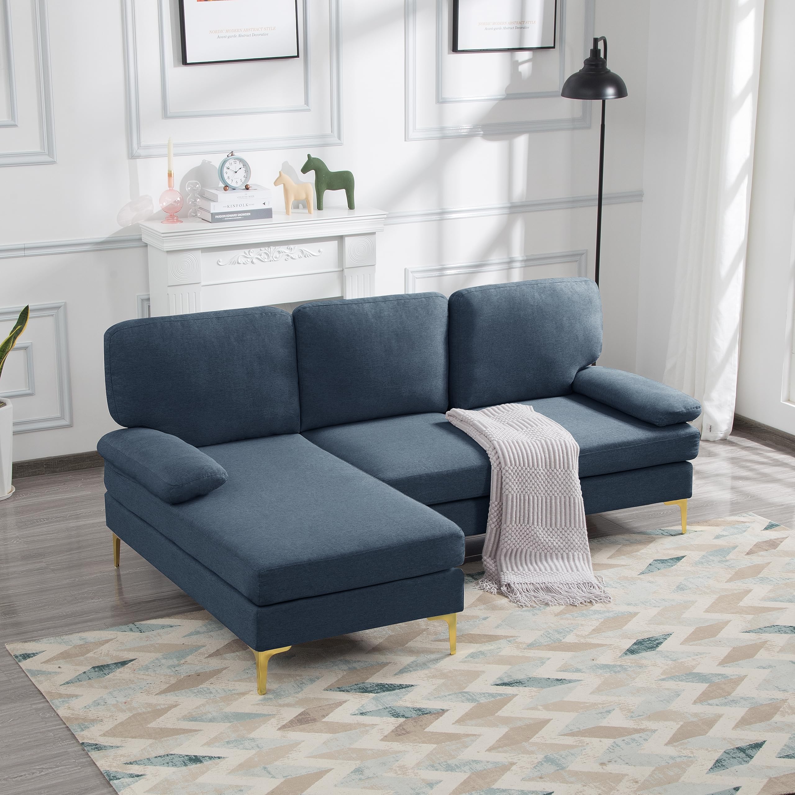 KoiHome 79.5" Left Hand Facing Sectional Sofa Couch with 2 Detachable Armrest Pillows, Modern Fabric 3-Seater L Shape Chaise with Metal Legs for Living Room,Apartment,Office, Polyester, Navy Blue