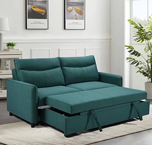 FANYE 74.5" W Futon Loveseat W/Pull Couch Bed and 2 Pillows,3 in 1 Reclining Backrest Love Seat Convertible Queen Size Sleeper & Sofabed for Home Apartment Office Living Room, Green