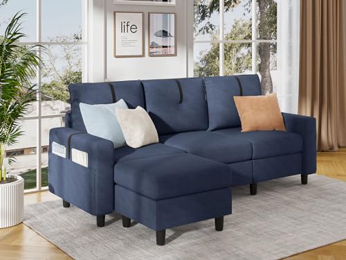 Tornama 80" L Shaped Sectional Sofas 3 Seater Couch with Reversible Ottoman Modern Linen Fabric Small Sectional Couch for Living Room, Apartment, Small Space, Blue
