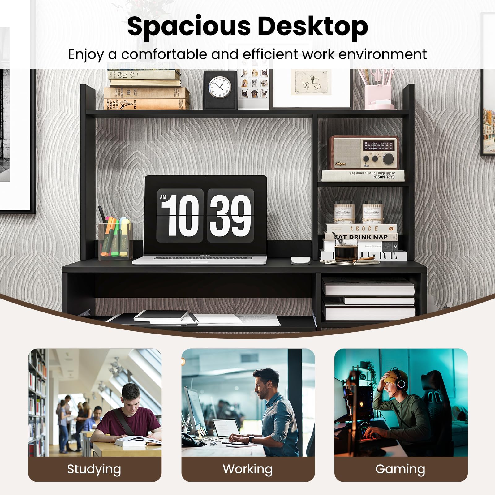 Giantex Computer Desk with Keyboard Tray, 43.5" Modern Writing Desk PC Laptop Table with Power Outlets, Hutch & Bookshelf, Multifunctional Study Workstation for Home Office, Black