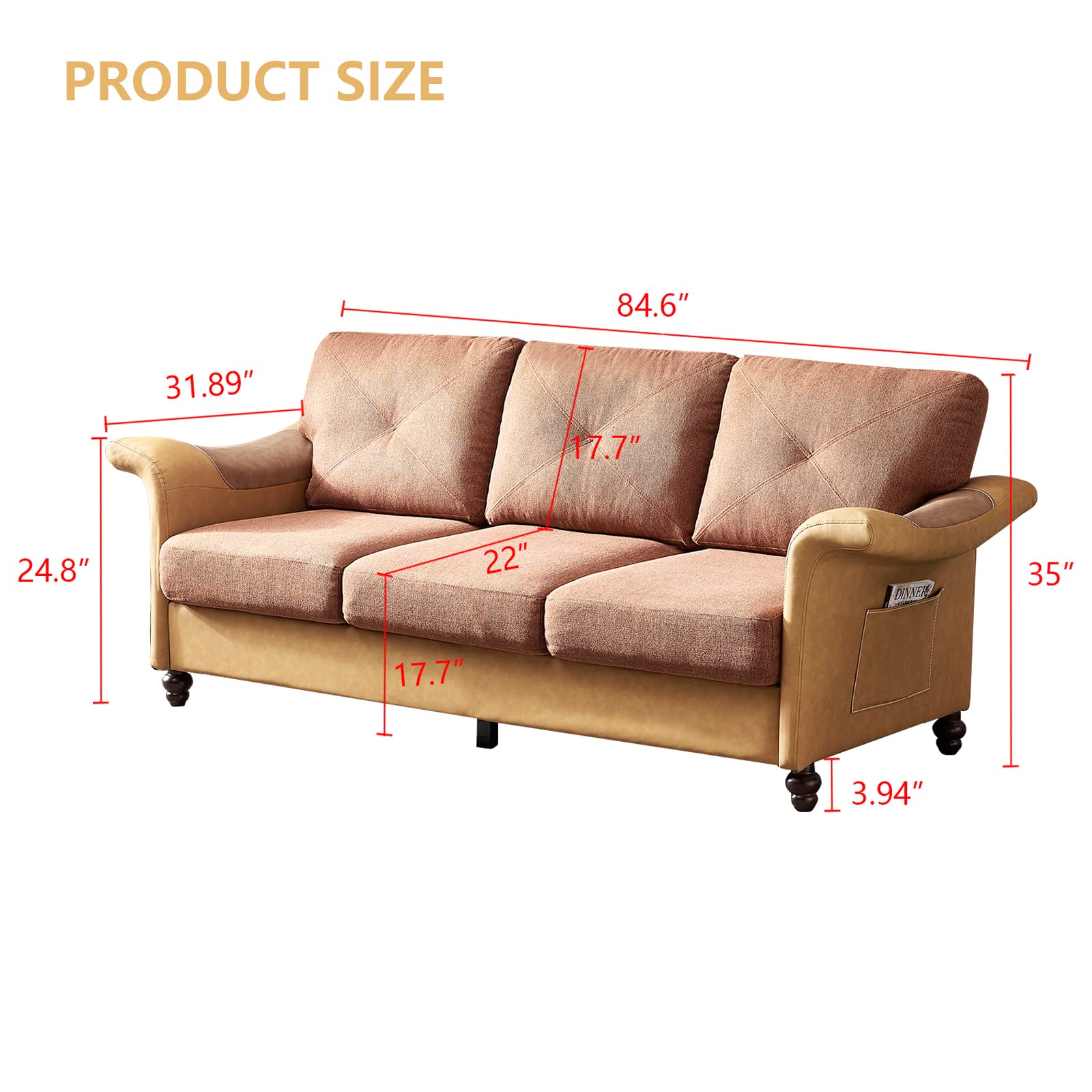 TARTOP Furniture Linen Fabric Faux Leather Solid Wood Legs Upholstered Couches Sets with 3-Seat Sofa, Loveseat for Living Room, Brown