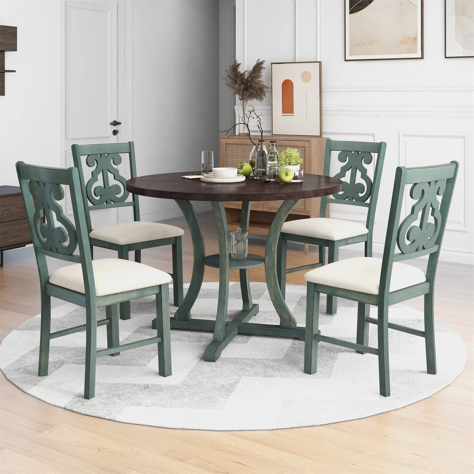 5 Piece Round Dining Table and Upholstered Chair Set with Special-Shaped Legs and Hollow Chair Back for Dining Room, Wood Kitchen Dining Set for 4 Persons (Antique Blue & Dark Brown)