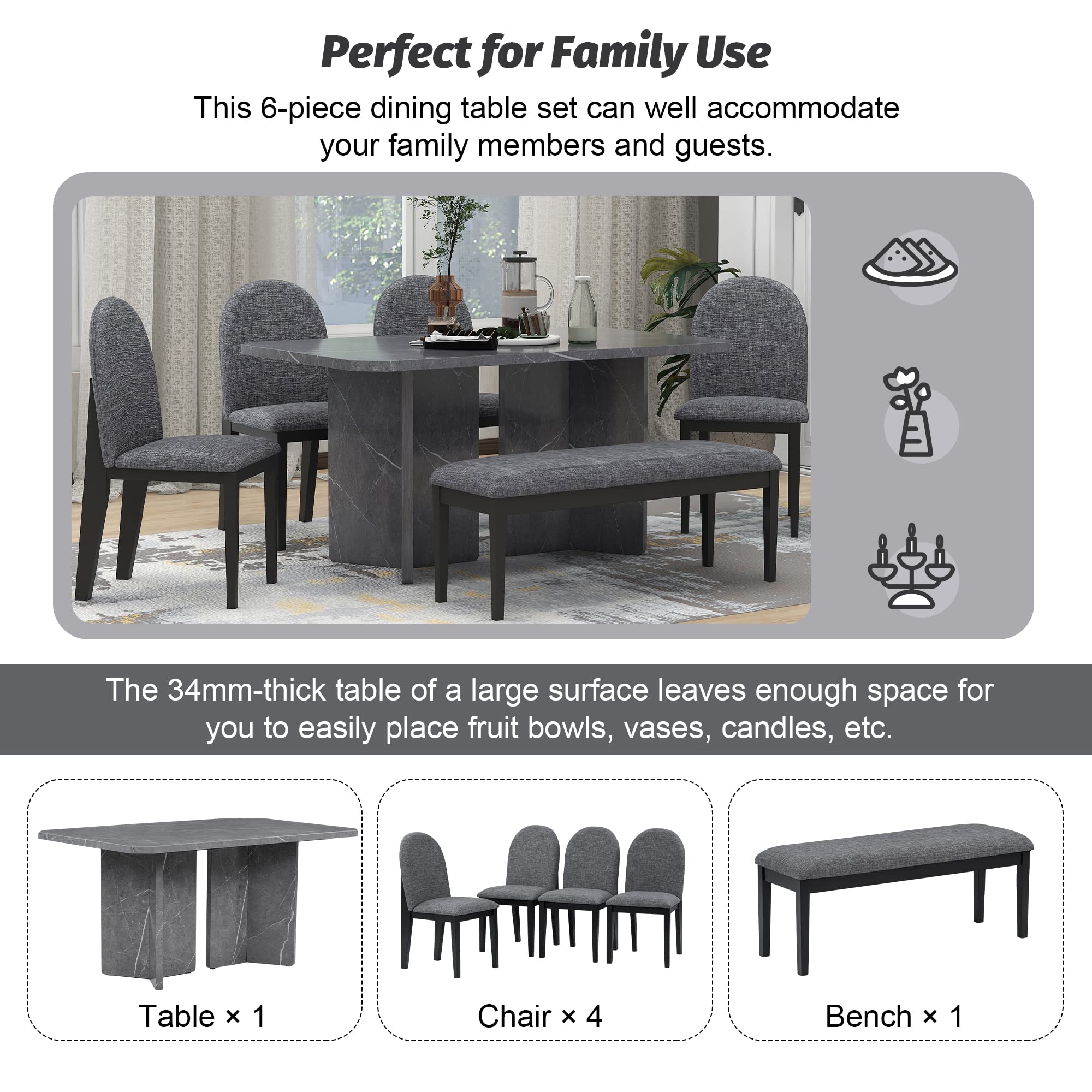 BIADNBZ 6-Piece Dining Table Sets for 6,Wooden Kitchen Furniture with Faux Marble DiningTable,4 Upholstered Chairs & 1 Bench for Home DiningRoom,Modern and Classic Style, Gray