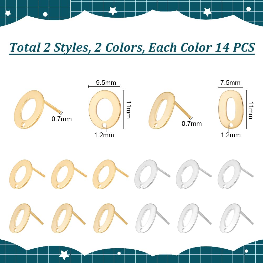 UNICRAFTALE 56 Pcs 2 Colors 2 Styles Stainless Steel Stud Earring Findings Oval Hollow Round Stud Earrings with Hole and Earring Backs Hypoallergenic Post Earring for Jewellery Making