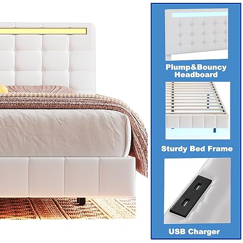 Gustonhon Queen Floating Bed Frame with LED Lights and USB Charging Bed for Modern Space,Upholstered PU Platform LED Bed with Headboard,No Box Spring Needed, Noise Free, Easy Assembly (White)