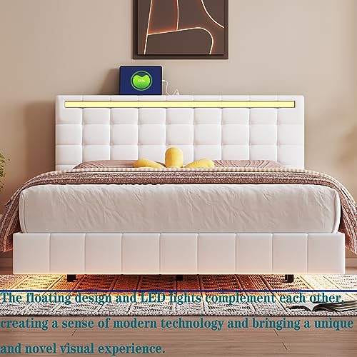 Gustonhon Queen Floating Bed Frame with LED Lights and USB Charging Bed for Modern Space,Upholstered PU Platform LED Bed with Headboard,No Box Spring Needed, Noise Free, Easy Assembly (White)