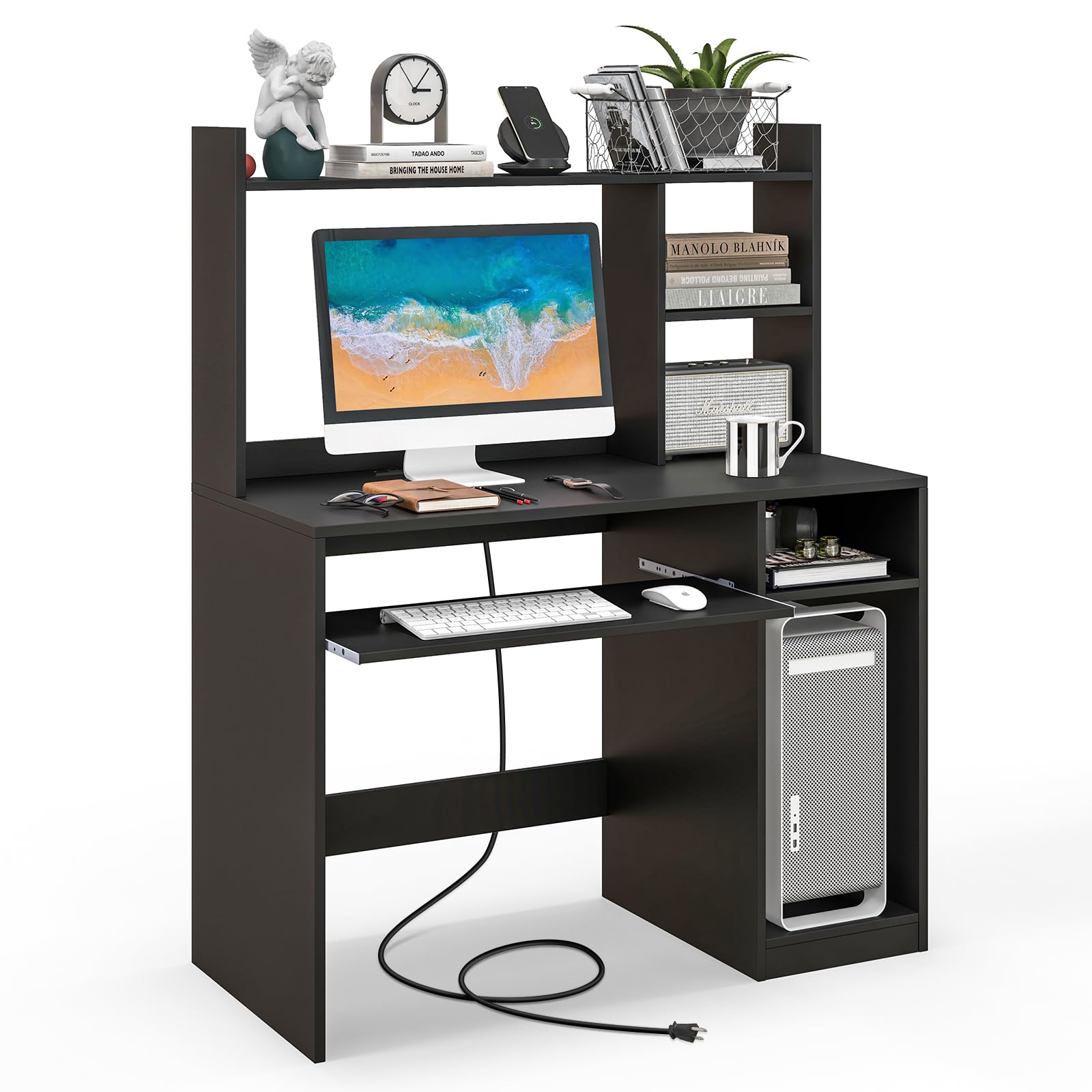 Giantex Computer Desk with Keyboard Tray, 43.5" Modern Writing Desk PC Laptop Table with Power Outlets, Hutch & Bookshelf, Multifunctional Study Workstation for Home Office, Black