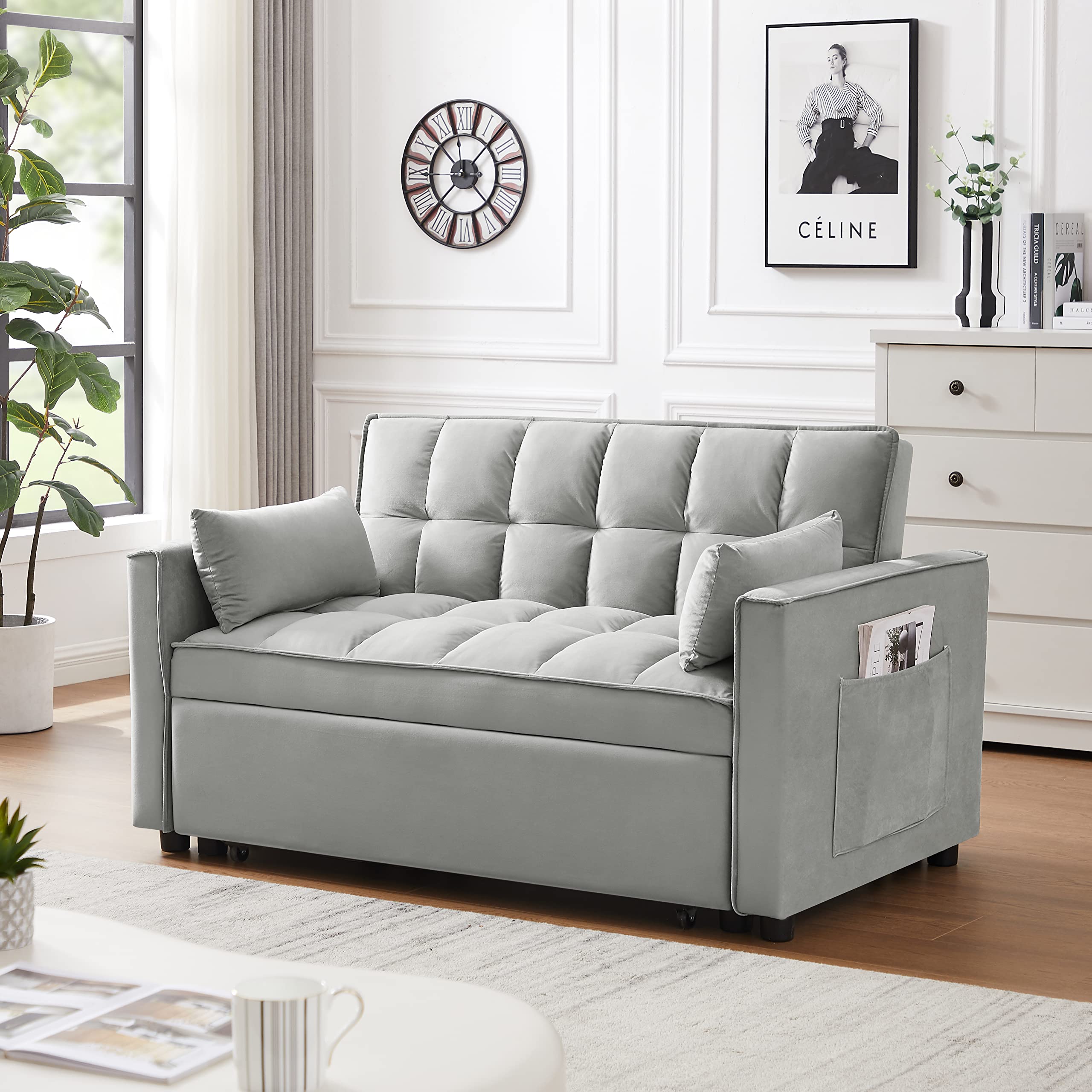 Eafurn Futon Loveseat Couch with Pull Out Bed,3-in-1 Multi-Functional Upholstery Convertible Sleeper Sofa Reclining Chaise Lounge with Adjustable Backrest, Sofacama for Living Room, Small Space