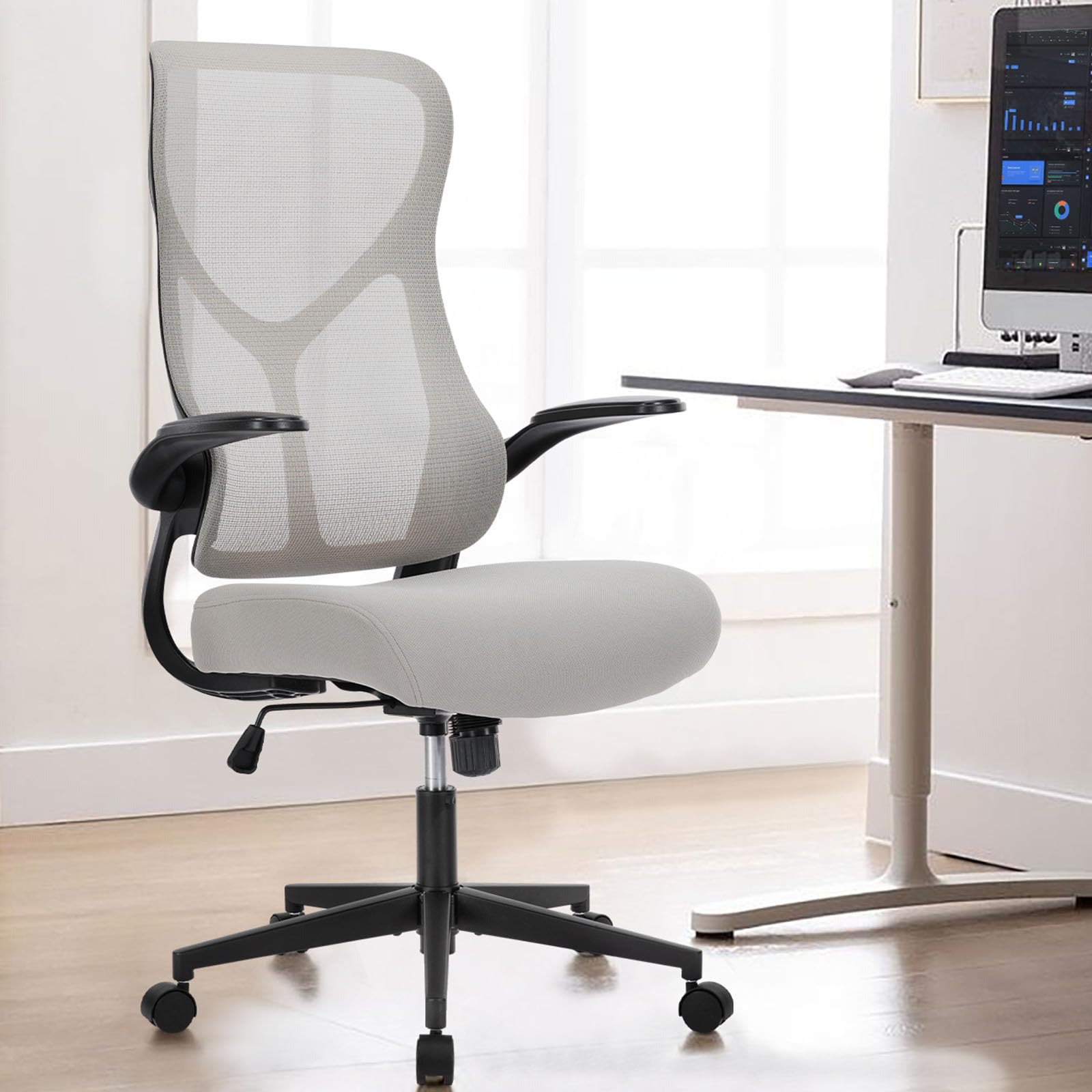 High Back Office Chair Flip up Arms, Desk Chair with Lumbar Support and Wheels Ergonomic Mesh Chair Adjustable Height Work Chair for Home Office, Grey