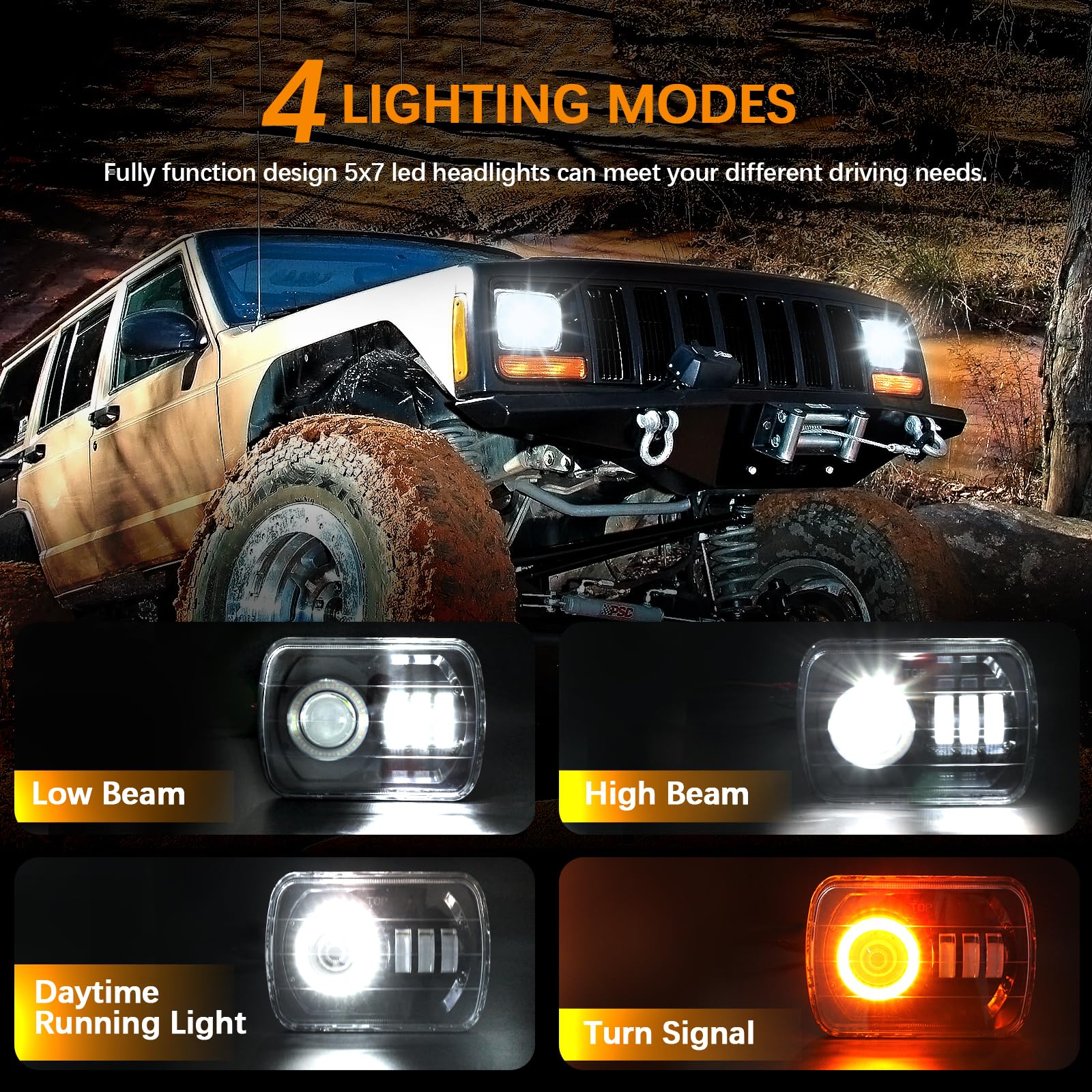 AMEXMART 5x7 7x6 Inch Led Headlights Compatible with Cherokee XJ Wrangler YJ Rectangle Replacement H6054 Headlamp