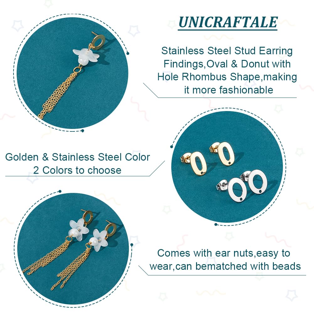 UNICRAFTALE 56 Pcs 2 Colors 2 Styles Stainless Steel Stud Earring Findings Oval Hollow Round Stud Earrings with Hole and Earring Backs Hypoallergenic Post Earring for Jewellery Making