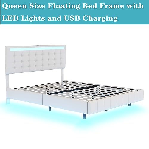 Gustonhon Queen Floating Bed Frame with LED Lights and USB Charging Bed for Modern Space,Upholstered PU Platform LED Bed with Headboard,No Box Spring Needed, Noise Free, Easy Assembly (White)