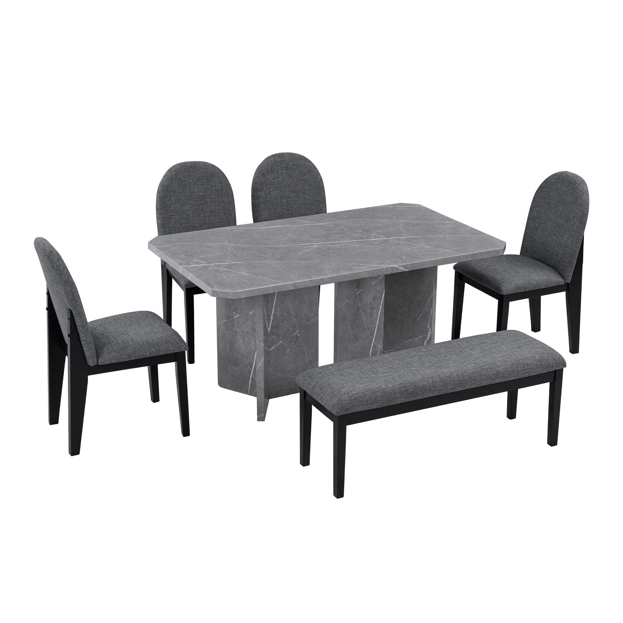 BIADNBZ 6-Piece Dining Table Sets for 6,Wooden Kitchen Furniture with Faux Marble DiningTable,4 Upholstered Chairs & 1 Bench for Home DiningRoom,Modern and Classic Style, Gray