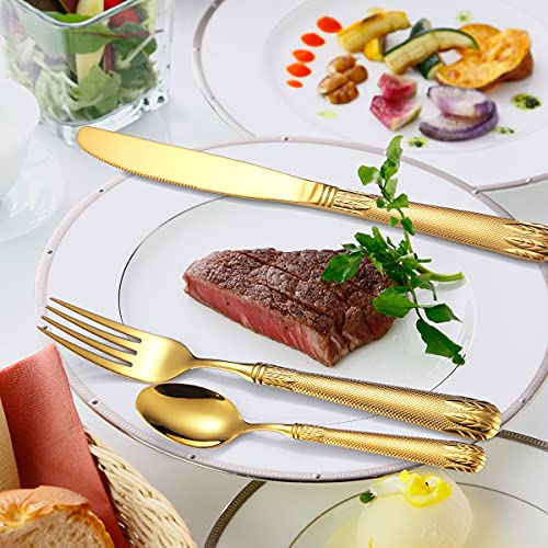 Silverware set Service for 8 Flatware Gold Hammered Handle Retro Golden Relief Plating Cutlery 18/10 Stainless Steel Kitchen,Home,Restaurant,Small Business 32piece