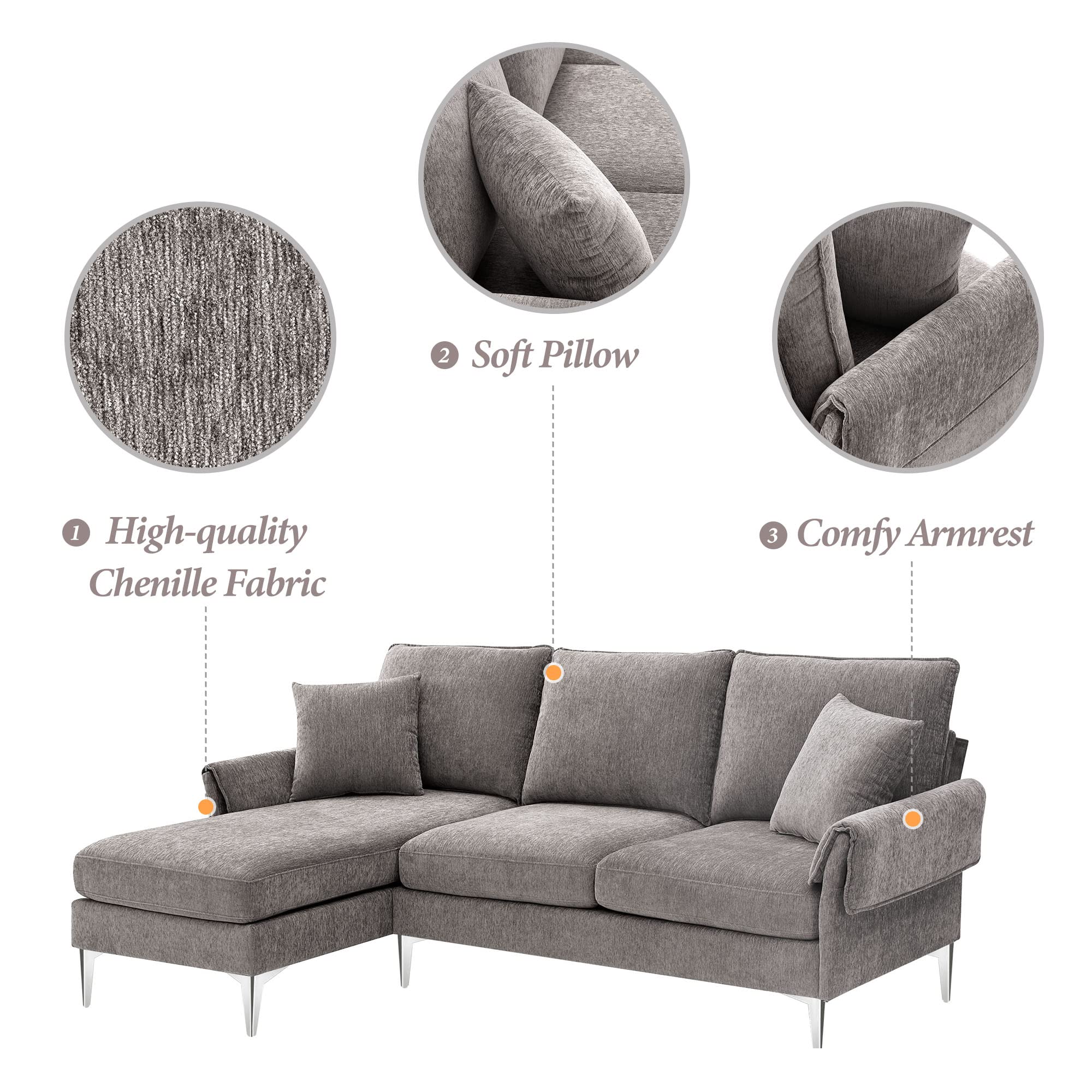 POCIYIHOME 84" Convertible Sectional 2 Pillows, Modern Chenille L-Shaped Couch with Reversible Chaise Lounge, 3-Seater Sleeper Sofa, Fit for Living Room,Office,Apartment, Polyester, Grey