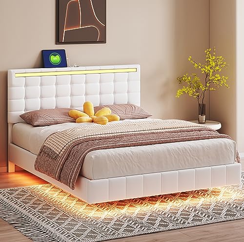 Gustonhon Queen Floating Bed Frame with LED Lights and USB Charging Bed for Modern Space,Upholstered PU Platform LED Bed with Headboard,No Box Spring Needed, Noise Free, Easy Assembly (White)