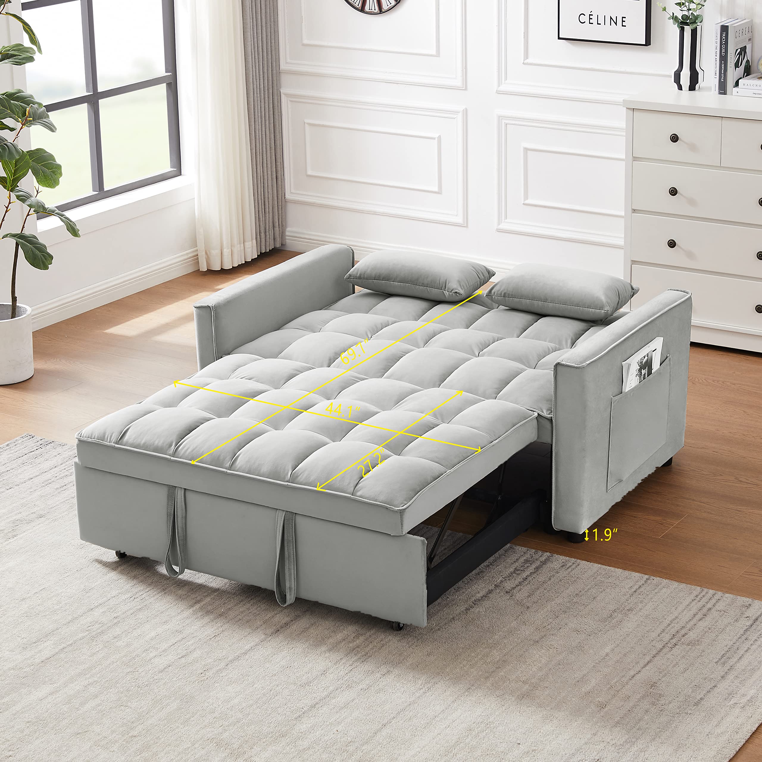 Eafurn Futon Loveseat Couch with Pull Out Bed,3-in-1 Multi-Functional Upholstery Convertible Sleeper Sofa Reclining Chaise Lounge with Adjustable Backrest, Sofacama for Living Room, Small Space