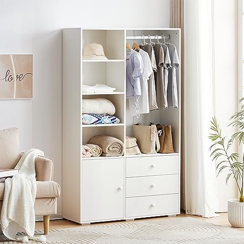 UDeuxff Bedroom Armoire,Wardrobe Armoire Closet, Drawers and Shelves, Handles, Hanging Rod, for Bedroom ,White (A)