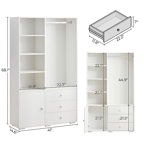 UDeuxff Bedroom Armoire,Wardrobe Armoire Closet, Drawers and Shelves, Handles, Hanging Rod, for Bedroom ,White (A)