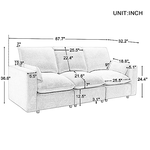 Modern Sofa with Removable Back and Seat Cushions ,Upholstered Comfy Sofa Couch with 2 Pillows,Small 3 Seater Loveseat Sofa for Living Room,Small Space,Bedroom,Apartment,Studio(White)