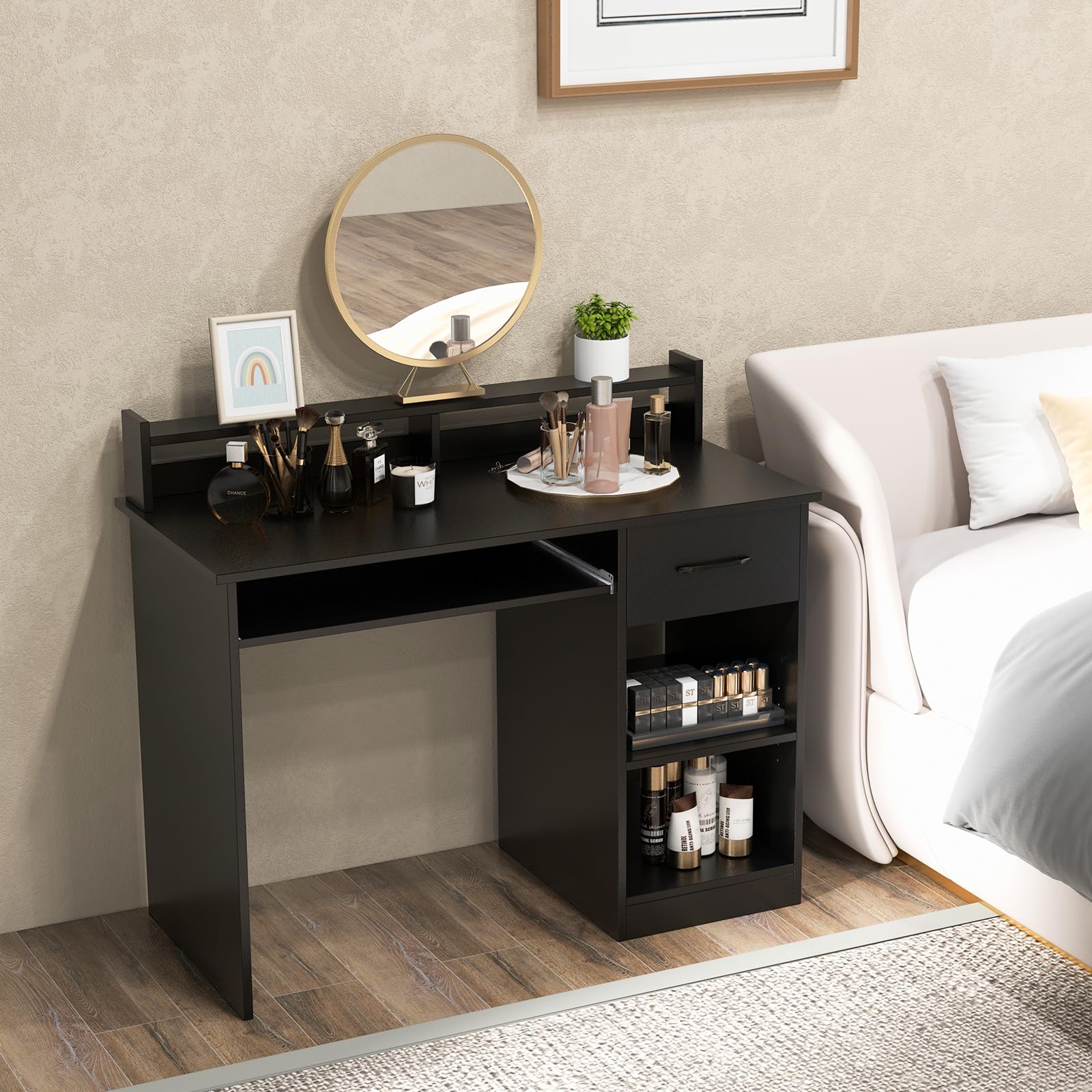 IFANNY Computer Desk, Office Desk with Drawers, Hutch, Keyboard Tray & Adjustable Shelf, Small Desk with Storage, Modern Home Office Desks, Black Desk for Bedroom, Living Room, Study (Black)