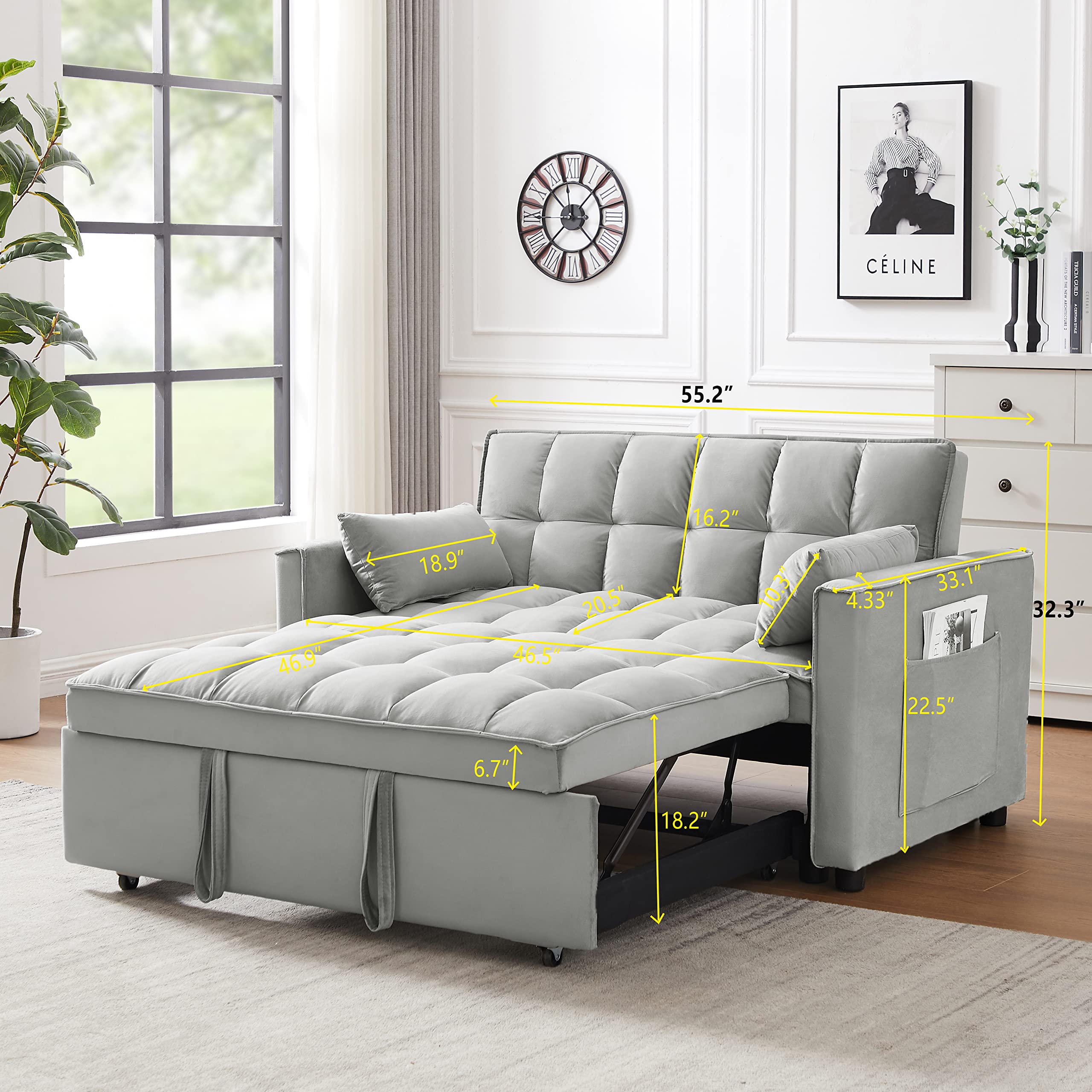 Eafurn Futon Loveseat Couch with Pull Out Bed,3-in-1 Multi-Functional Upholstery Convertible Sleeper Sofa Reclining Chaise Lounge with Adjustable Backrest, Sofacama for Living Room, Small Space