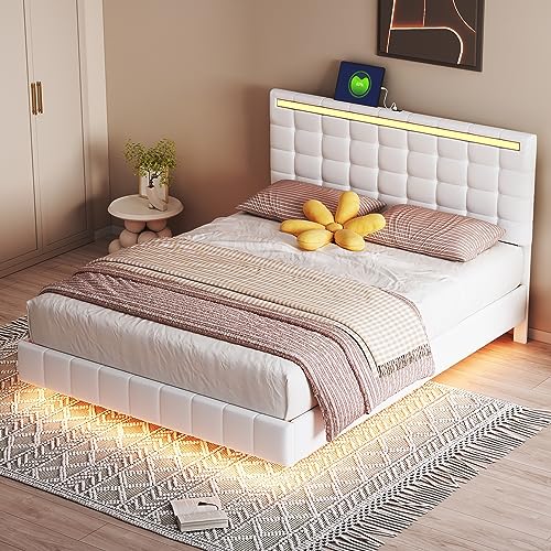 Goujxcy Queen Size Floating Bed Frame with LED Lights and USB Charging, Modern Upholstered Platform LED Bed Frame with Button Tufted Headboard (White 1+PU)