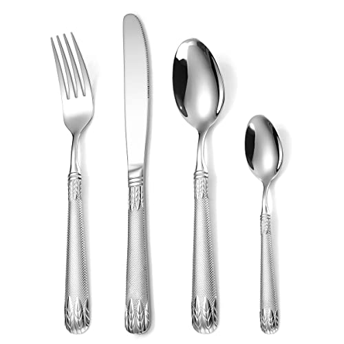 Silverware set Service for 8 Flatware Gold Hammered Handle Retro Golden Relief Plating Cutlery 18/10 Stainless Steel Kitchen,Home,Restaurant,Small Business 32piece