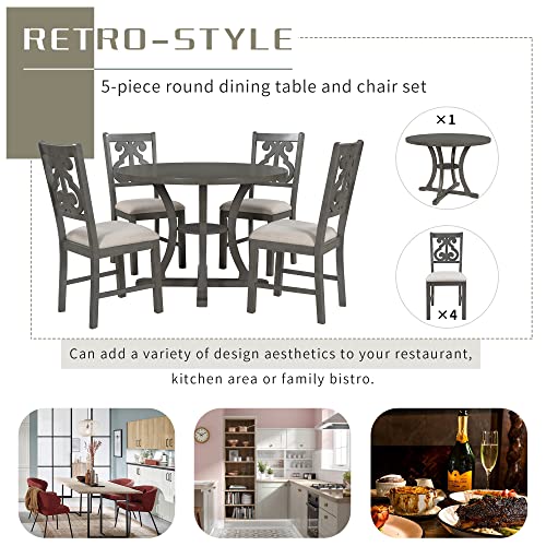 WOZNLA 5-Piece Round Table Set for 4-Special-shaped Legs, Exquisitely Designed Hollow Chair Back in Dining Room, Gray