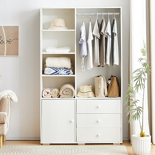 UDeuxff Bedroom Armoire,Wardrobe Armoire Closet, Drawers and Shelves, Handles, Hanging Rod, for Bedroom ,White (A)