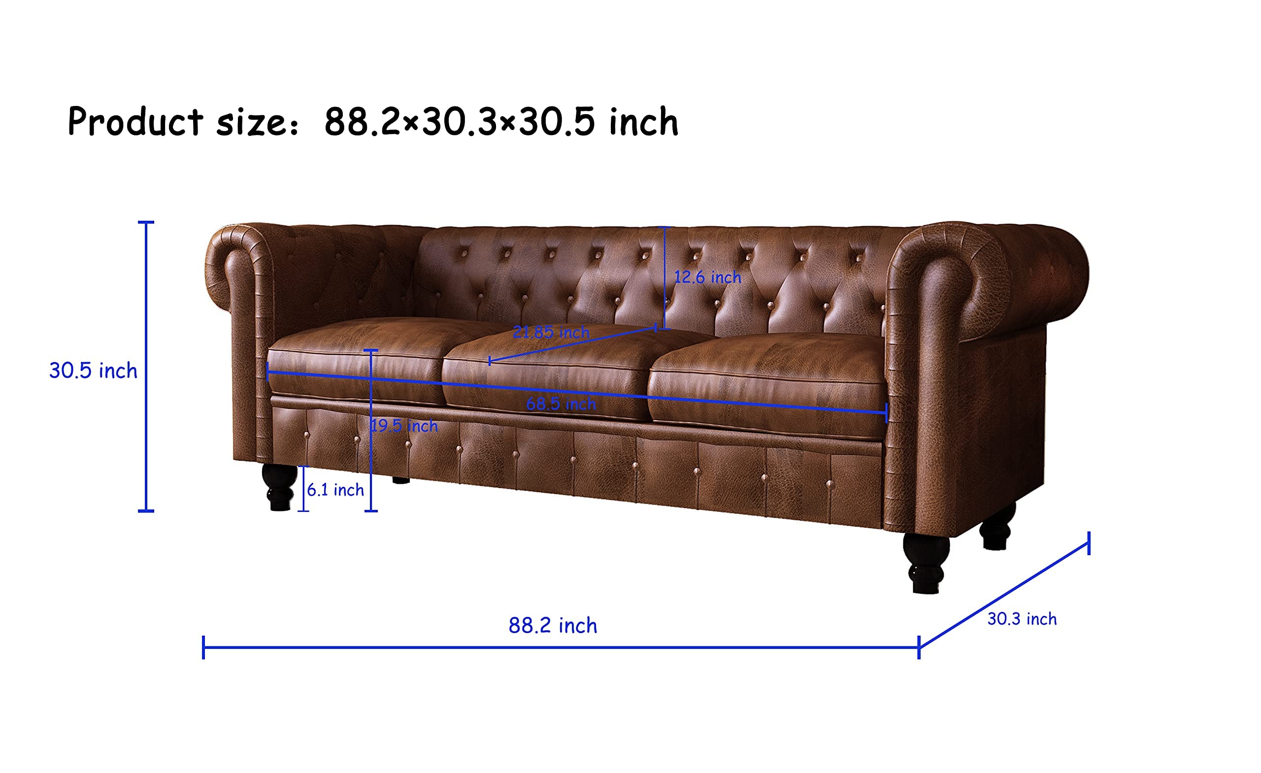 Lunanniu 88.2 Inch Classic Chesterfield Style PU Leather Sofa Rolled Arms Couch with Tufted Back Solid Wood Legs 3-Seater Couch for Living Room Elegant and Timeless Design Comfortable Seating Brown