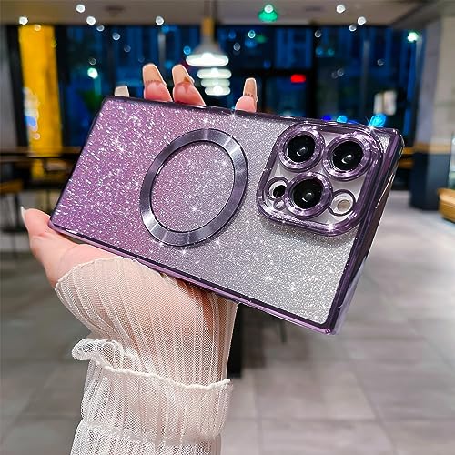 VirgoCCY for iPhone 14 Pro Max Case, Compatible with MagSafe, Full Protection Magnetic Glitter Case, Luxurly Cute Plated Bling Sparkly Phone Cases for iPhone 14 Pro Max for Women Girls, Purple