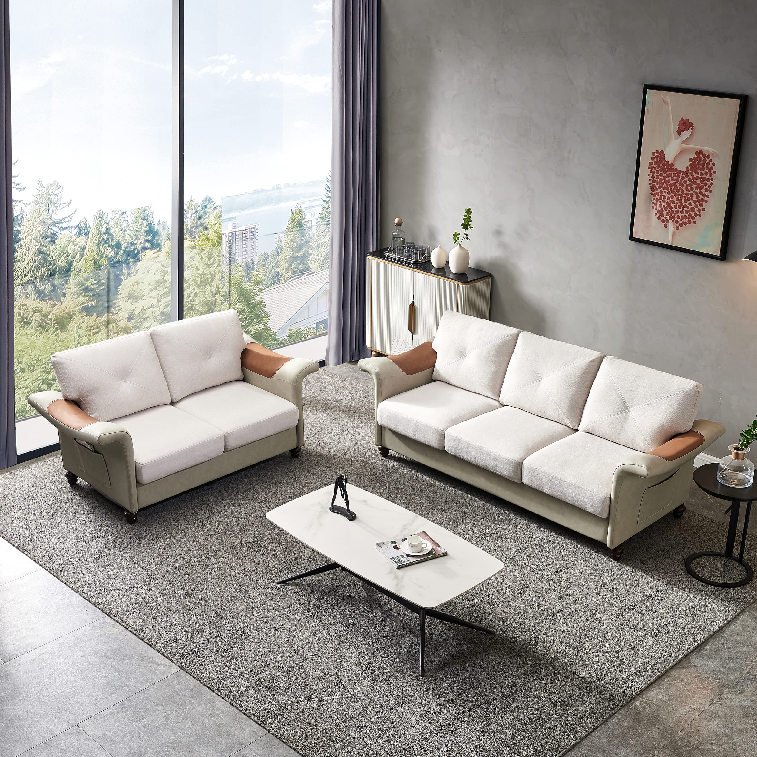 TARTOP Furniture Linen Fabric Faux Leather Sofa & Solid Wood Legs Upholstered Couches Sets with 2+3-Seat Sofa, Loveseat for Living Room,Beige
