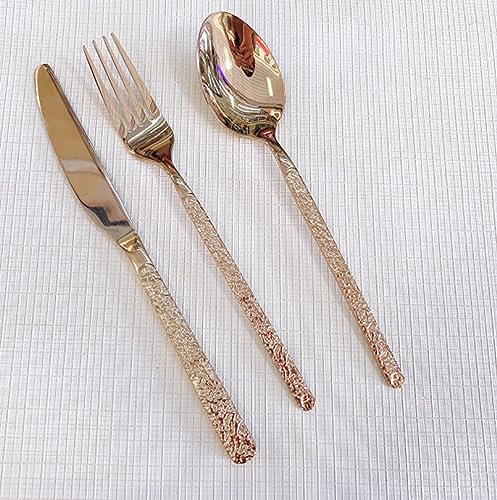 Silverware Set Flatware Rose Gold Hammered Cutlery Utensil Food-Grade Stainless Steel,Home Restaurant Small Business,Mirror Finish Tableware 24 Piece Service for 6
