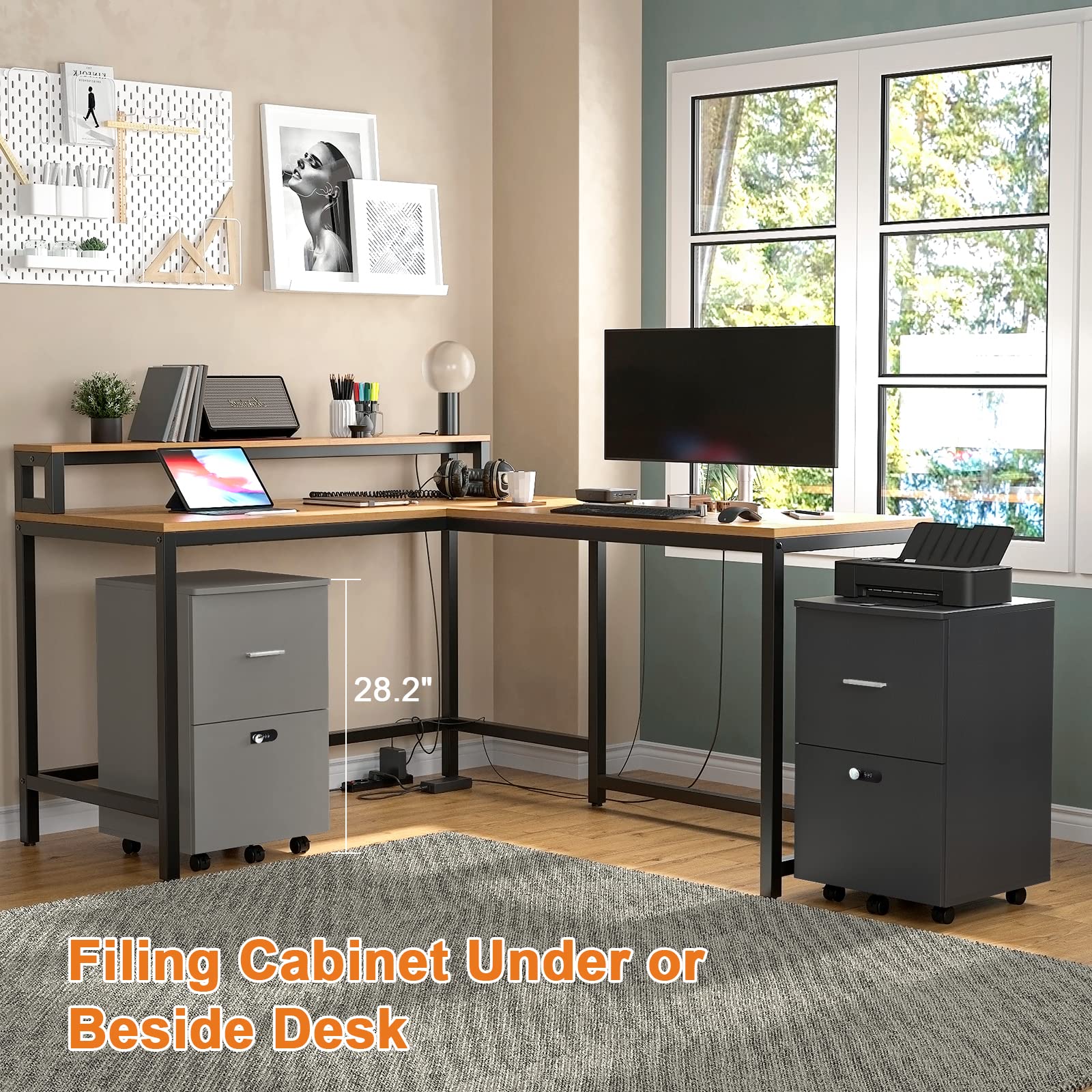 2 Drawer File Cabinet with Lock, 2 Drawer Filing Cabinets for Home Office, Wood Filing Cabinet Under Desk, Rolling Printer Stand Vertical File Cabinets