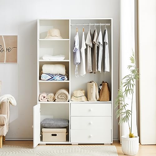 UDeuxff Bedroom Armoire,Wardrobe Armoire Closet, Drawers and Shelves, Handles, Hanging Rod, for Bedroom ,White (A)