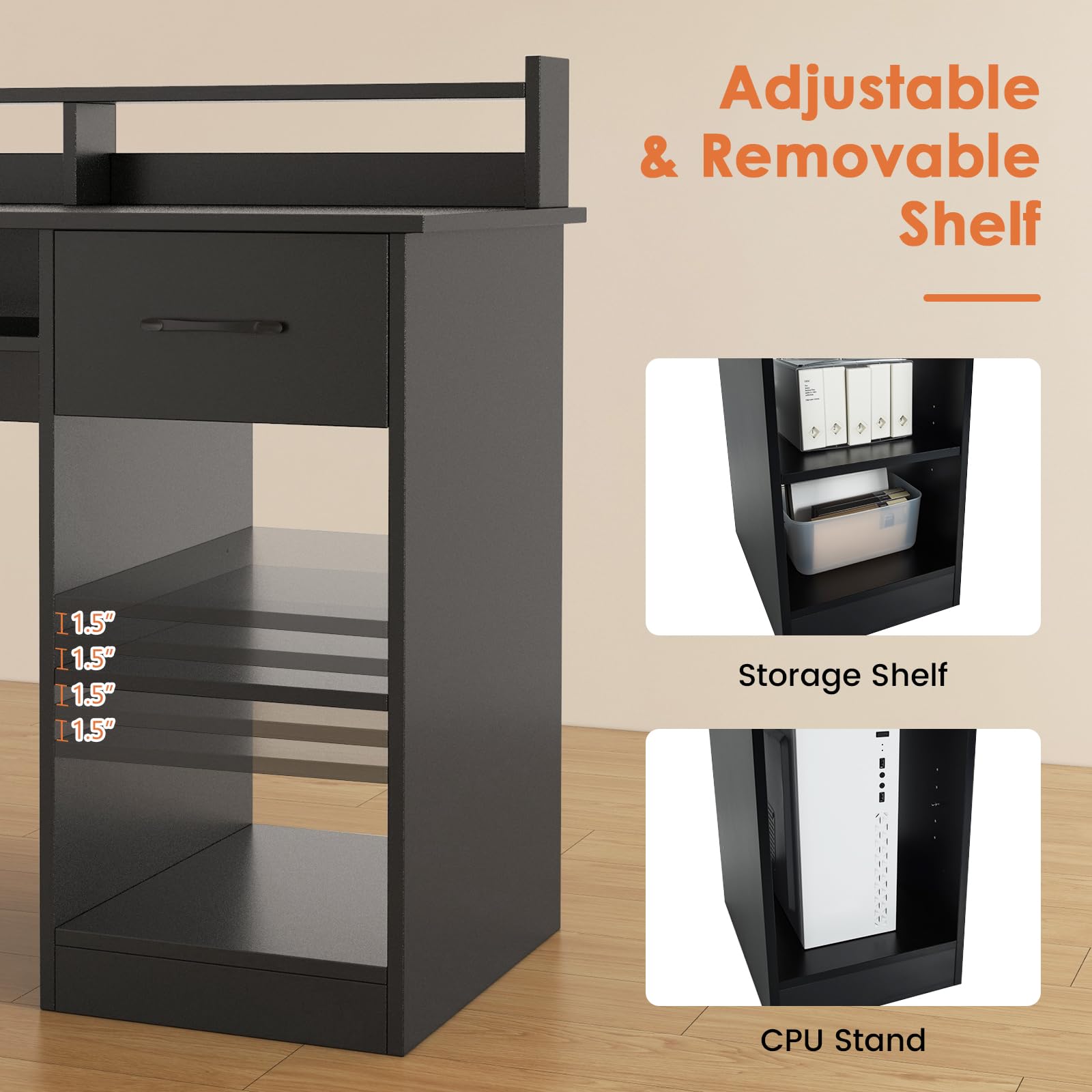 IFANNY Computer Desk, Office Desk with Drawers, Hutch, Keyboard Tray & Adjustable Shelf, Small Desk with Storage, Modern Home Office Desks, Black Desk for Bedroom, Living Room, Study (Black)