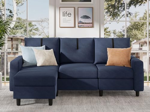 Tornama 80" L Shaped Sectional Sofas 3 Seater Couch with Reversible Ottoman Modern Linen Fabric Small Sectional Couch for Living Room, Apartment, Small Space, Blue
