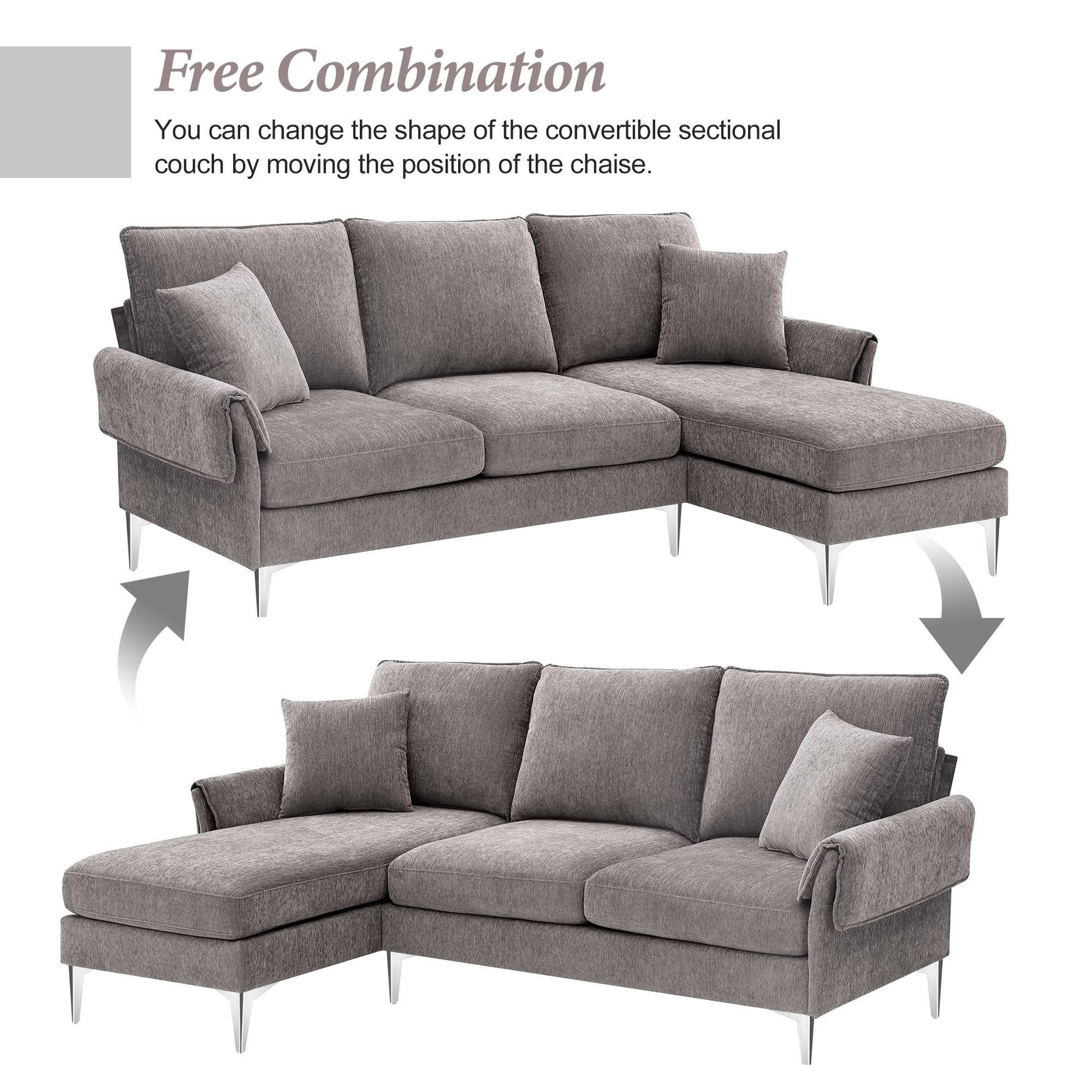 POCIYIHOME 84" Convertible Sectional 2 Pillows, Modern Chenille L-Shaped Couch with Reversible Chaise Lounge, 3-Seater Sleeper Sofa, Fit for Living Room,Office,Apartment, Polyester, Grey