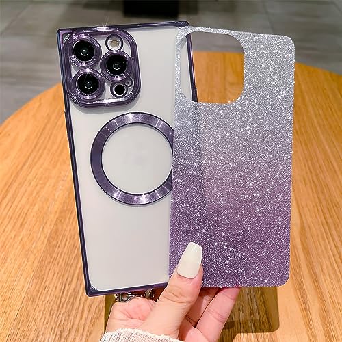 VirgoCCY for iPhone 14 Pro Max Case, Compatible with MagSafe, Full Protection Magnetic Glitter Case, Luxurly Cute Plated Bling Sparkly Phone Cases for iPhone 14 Pro Max for Women Girls, Purple