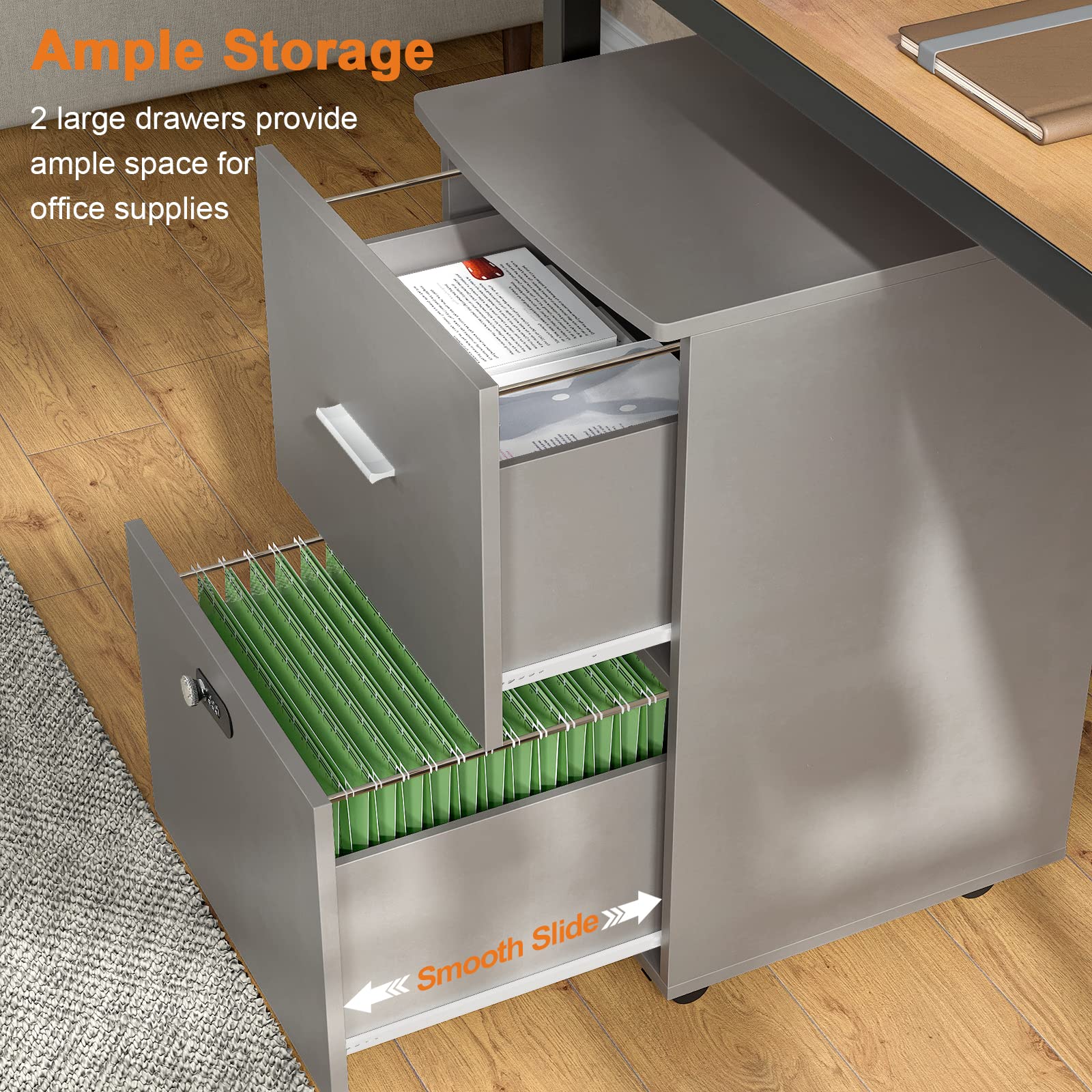 2 Drawer File Cabinet with Lock, 2 Drawer Filing Cabinets for Home Office, Wood Filing Cabinet Under Desk, Rolling Printer Stand Vertical File Cabinets