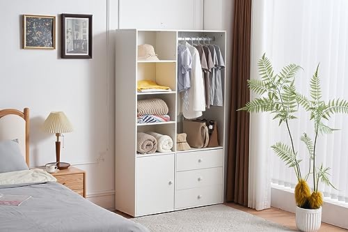 UDeuxff Bedroom Armoire,Wardrobe Armoire Closet, Drawers and Shelves, Handles, Hanging Rod, for Bedroom ,White (A)