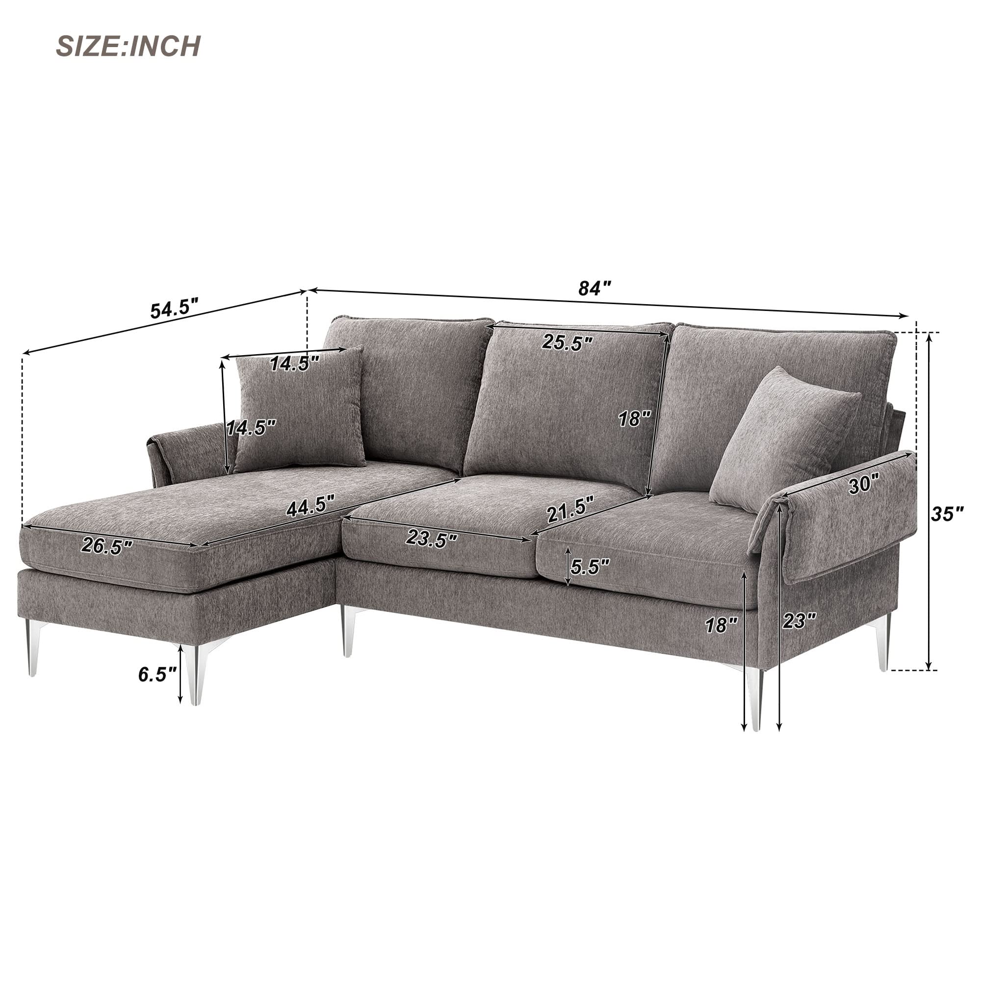 POCIYIHOME 84" Convertible Sectional 2 Pillows, Modern Chenille L-Shaped Couch with Reversible Chaise Lounge, 3-Seater Sleeper Sofa, Fit for Living Room,Office,Apartment, Polyester, Grey