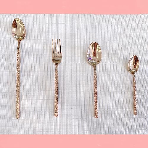 Silverware Set Flatware Rose Gold Hammered Cutlery Utensil Food-Grade Stainless Steel,Home Restaurant Small Business,Mirror Finish Tableware 24 Piece Service for 6
