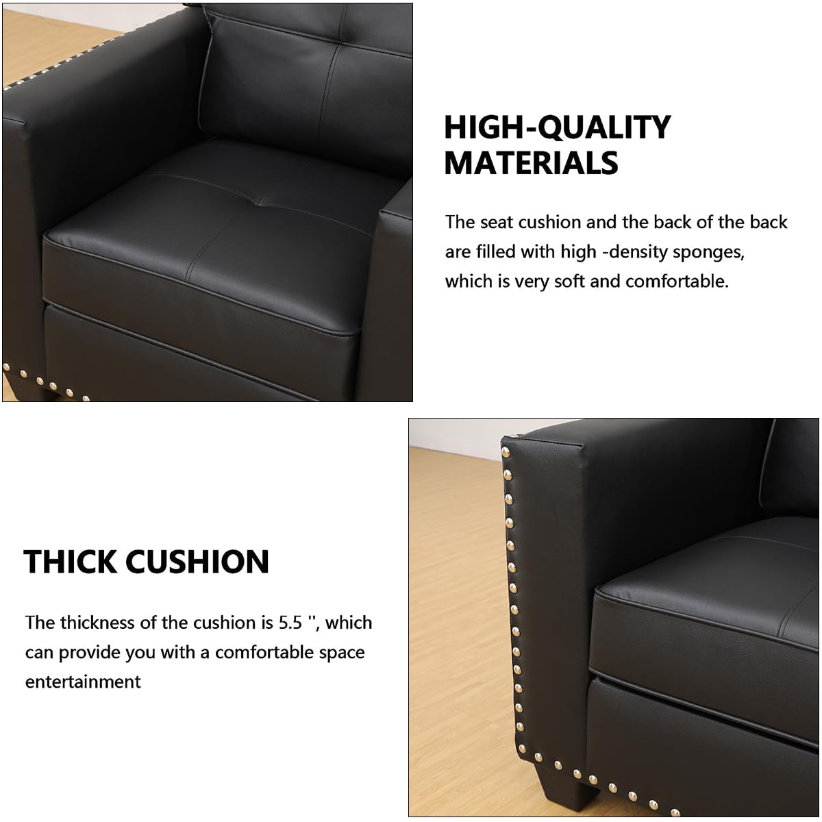 Mlxgoie Faux Leather 3-Seater Upholstered Sofa Couch, 79.5 Inch, Black