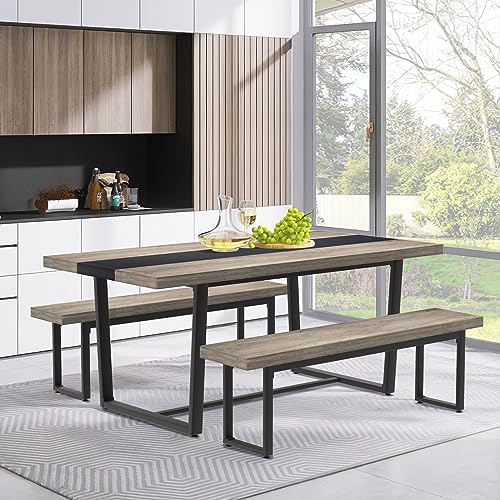 STHOUYN 59” Dining Bench Pair of 2 for 6-8 Person, Farmhouse Indoor Kitchen Table Benches, Bed Bench, Industrial Shoe Bench, Entryway Benches (Grey 2pcs)